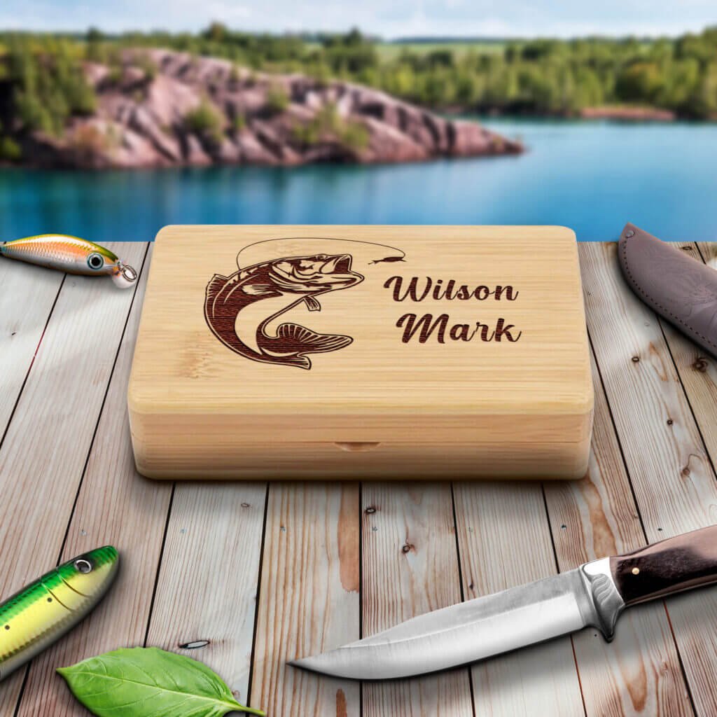 Laser Engraved Jig Box: Rustic Storage for Fly Fishing